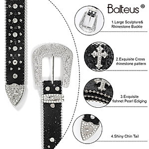 Balteus Women Men Rhinestone Belt,Fashion Western Cowgirl Cowboy Bling Studded Cross Leather Belt Diamond for Jeans Dress,Black,S,