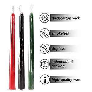 Set of 7 Kwanzaa Taper Candles, 3 Red, 3 Green, 1 Black Mishumaa Saba Candle Set, 10 Inch Dripless Tall Candle Stick for Kwanzaa, 7-7.5 Hour Burn Time