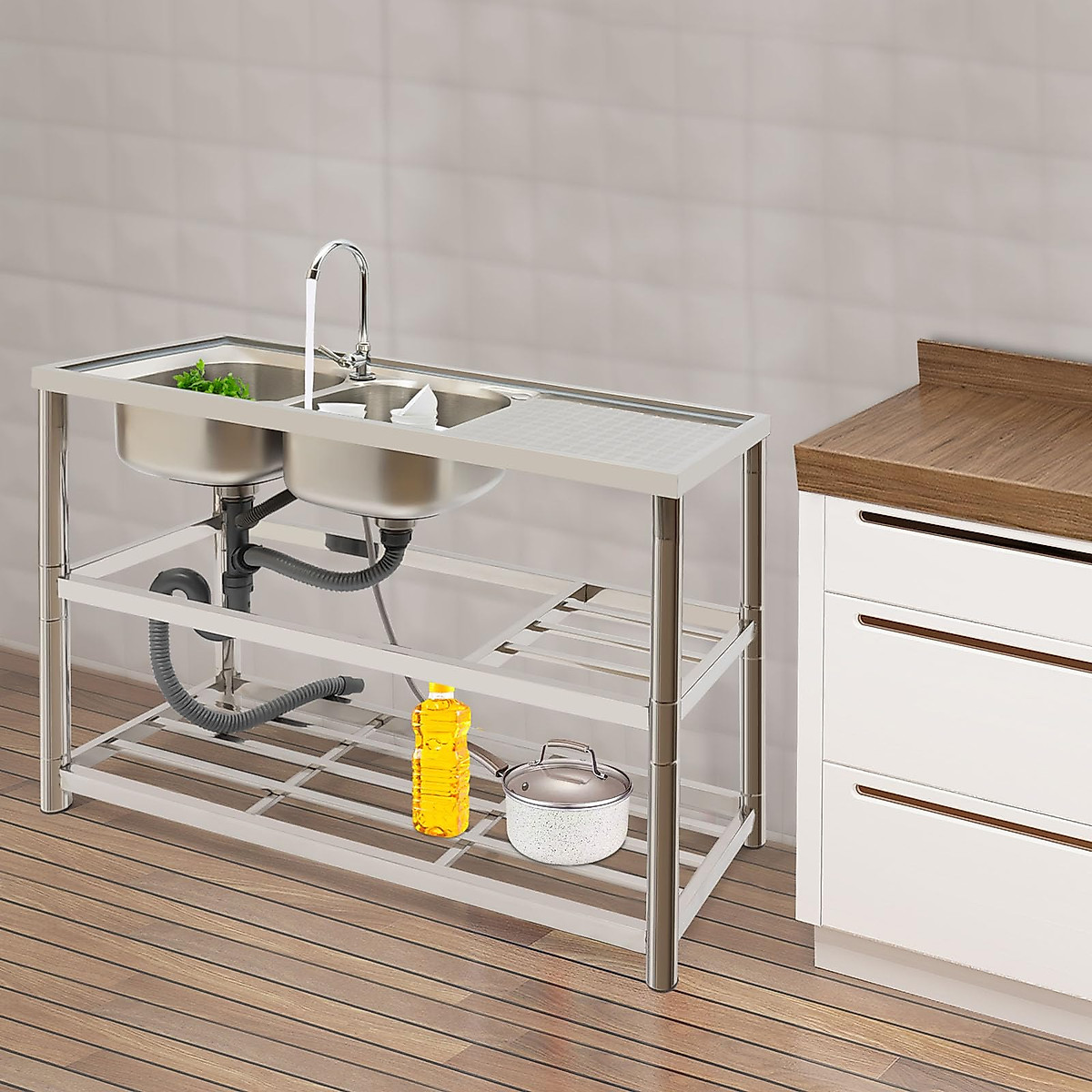 Free Standing Stainless-Steel Double Bowl Stainless Steel Utility Sink, Commercial Restaurant Kitchen Sink Set w/Faucet & Drainboard, Washing Hand Basin w/Workbench & Double Storage Shelves