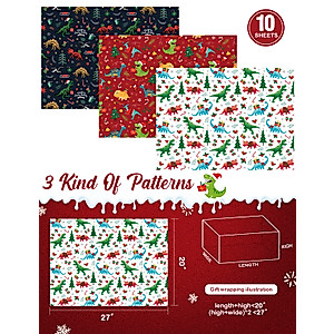 WERNNSAI Dinosaur Wrapping Paper - 10 Sheets Gift Wrapping Paper Dino Wrapping Paper 20'' x 27'' Dino Theme Favor Paper for Kids Boys Birthday Baby Shower Holiday Wrapping Paper Set Green Gift Wrap