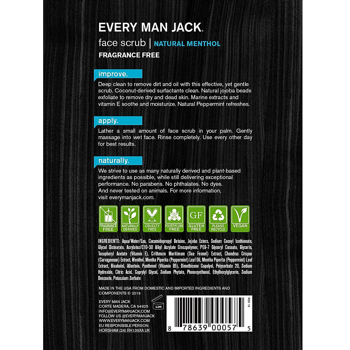 Every Man Jack Face Scrub, Natural Menthol, Signature Mint, 5 Fl Oz