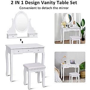 Vanity Table Set, Wooden Dressing Table with Oval 360° Rotating Mirror, 5 Storage Drawers, Painted Finish, Vanity Makeup Table with Padded Stool Seat, Detachable Table Top, Easy to Assemble (White)