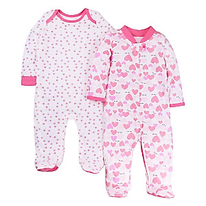 Lamaze Baby Girls' Super Combed Natural Cotton Sleep n Play,Zipper Closure Footed Sleepwear, 2 Pk, Pink and White Letters, 3 Months