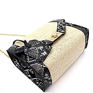 Small Medium Straw Boho Bali Beach Rattan Clutch Satchel Crossbody Bag Purse (Small Snake Print Trim Crossbody - Black Snake)