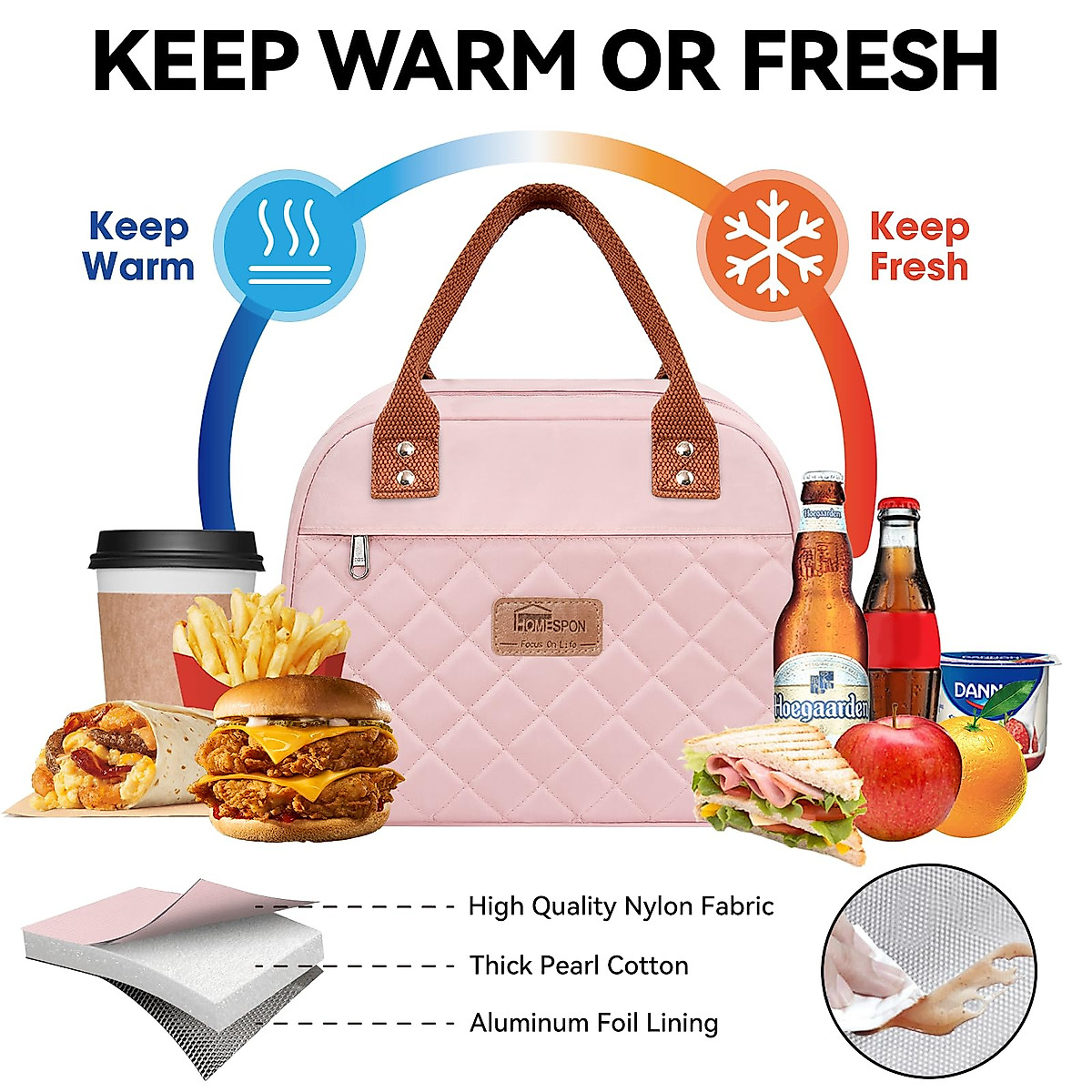 HOMESPON Insulated Lunch Bag for Women Men Adults Lunch Tote with Front Pocket Lunch Box Container Cooler Bag for Work Picnic (Pink)