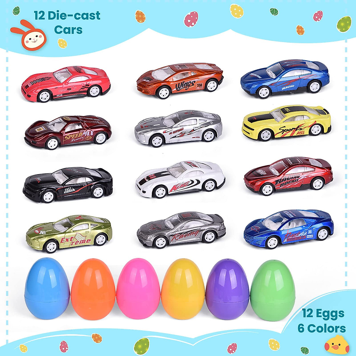 FUN LITTLE TOYS 12PCS Easter Eggs with Cars Vehicles for Easter Basket Stuffers