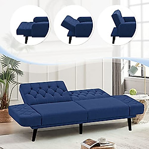 ACMEASE 70” Linen Fabric Futon Sofa Bed with Adjustable Backrests, Tufted Sleeper Couch with Convertible Armrest, 82” Extendable Loveseat Sofa with 2 Pillows for Living Room, Bedroom, Blue
