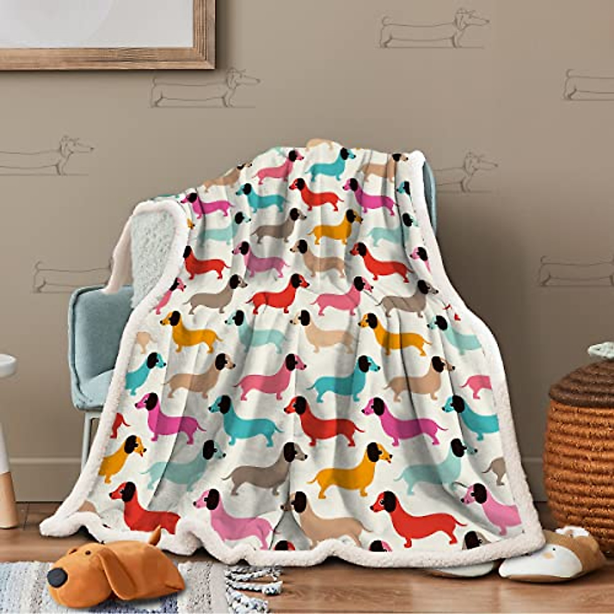 Sleepwish Colorful Dachshund Throw Blanket Puppy Wiener Dog Boys Girls Fleece Blanket Cute Doxies Animal Pattern Soft Warm Sherpa Blankets Bed Throws Daschund Gifts for Women (50"x60")