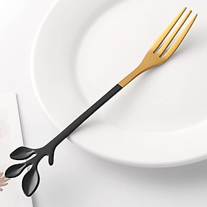 AnSaw 10-Pc Black & Gold Mini Spoons & Forks Set, 4.7" Leaf Handle - Stainless Steel, Ideal for Coffee,Tea, Appetizers, Tastings, Parties, Charcuterie & Cocktails