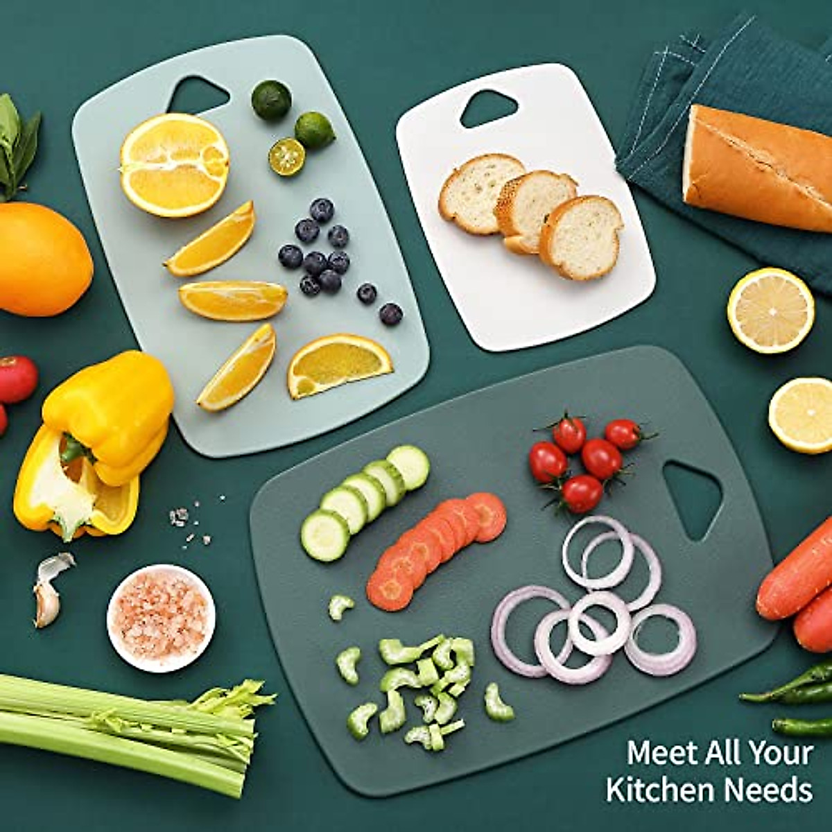 Plastic Cutting Board Set of 3 Different Sizes, Cutting Boards for Kitchen Dishwasher Safe, Thick Chopping Board for Meat, Veggies, Fruits, Reversible Use, Easy to Clean, Green