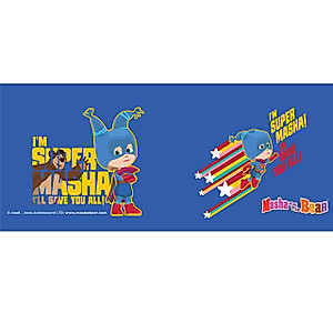 Masha and the Bear 14oz Kids Water Bottle With Straw - Spill Proof Straw Valve, Pop Button, BPA Free Water Bottle for Kids School - Featuring Soft Silicone Handle Grip - Children's Drinkware - Blue