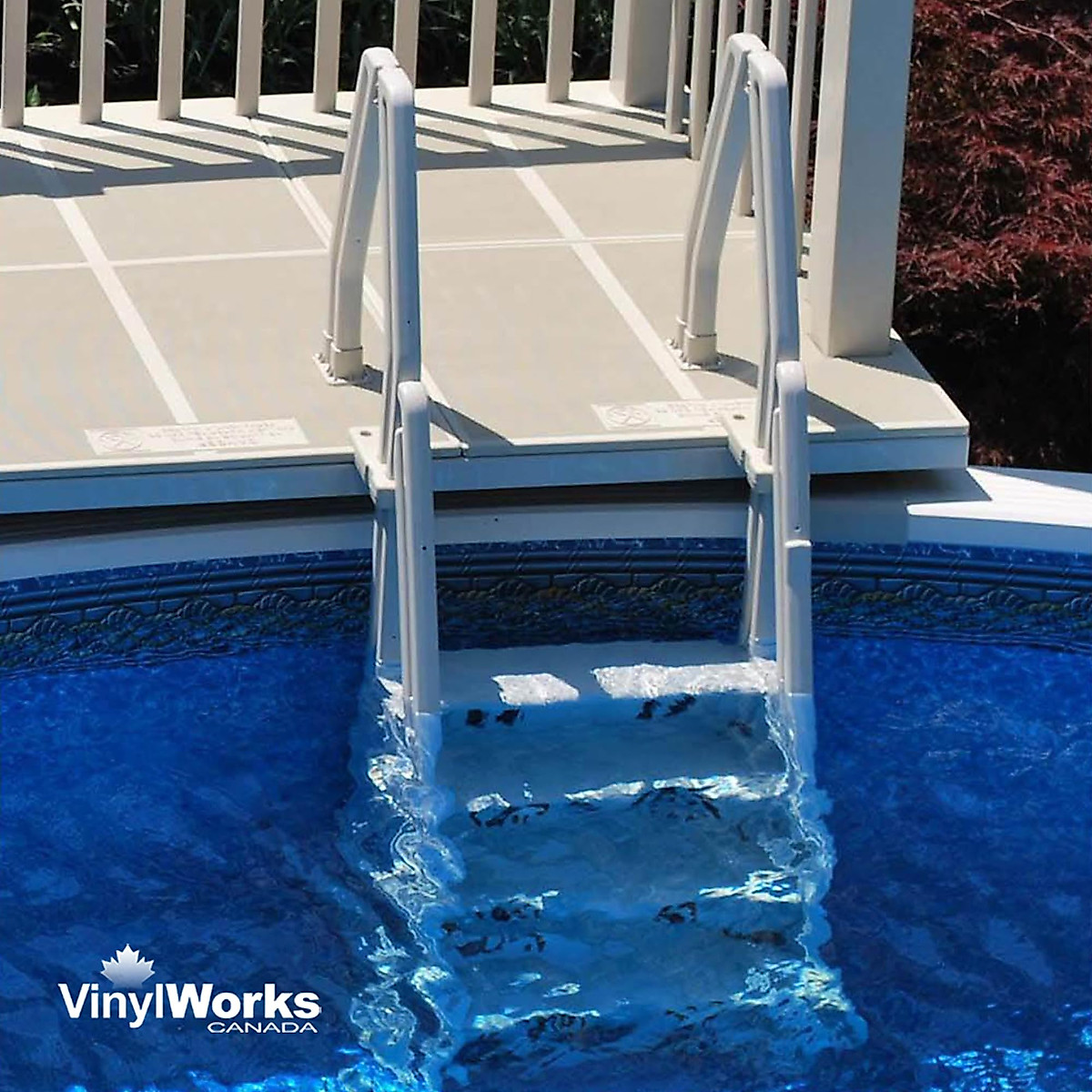 Vinyl Works Deluxe Versatile Adjustable 32 Inch in-Pool Step Ladder Entry System with Double Handrail for Above Ground Swimming Pools, White