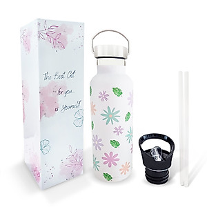 Stainless Steel Water Bottles – Insulated Bottles - Water Bottle with Straw - 2 Lids -1 Gift Box - 20 Oz - air up Water Bottle - Hot/Cold - Gift for her - Preppy Stuff (Flowers)