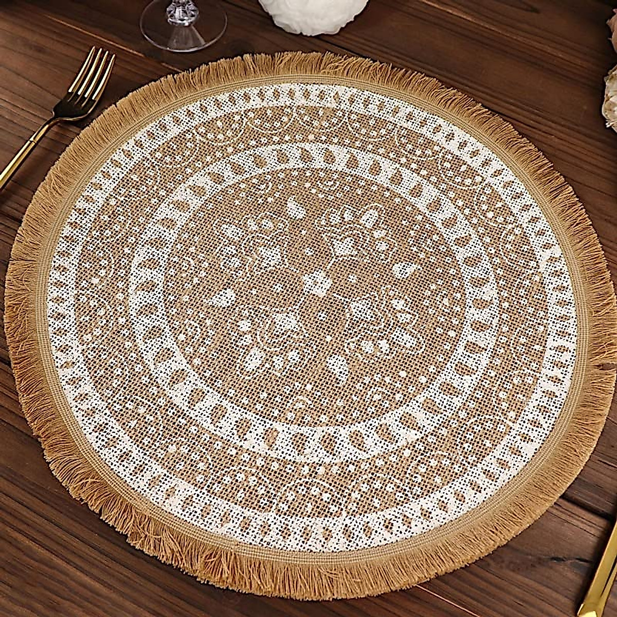 BalsaCircle 4 Natural 15 in Round Woven Burlap Jute Placemats White Print Fringe Trim Wedding Party Event Home Decorations Supplies