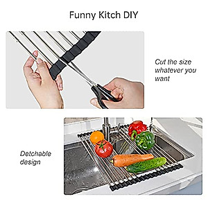 ARAINY Large Telescopic Drain Rack Roll Up Dishes Drying Rack Expandable Kitchen Sink Rack Over The Sink Dish Drying Rack SUS304 Stainless Steel Dish Rack (21.25''x12.79'')