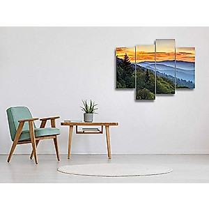 Great Smoky Mountains National Park Scenic Sunrise Landscape at Oconaluftee Canvas Wall Art Hanging Paintings Modern Artwork Abstract Picture Prints Home Decoration Gift Unique Designed Framed 4 panel