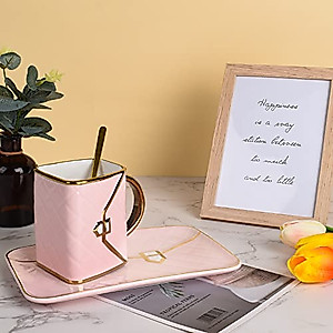 Koythin Ceramic Coffee Mug Saucer Set, Creative Cute Handbag Shaped Cup with Spoon and Saucer for Office and Home, 10 oz/300 ml for Tea Latte Milk (Peach Pink)