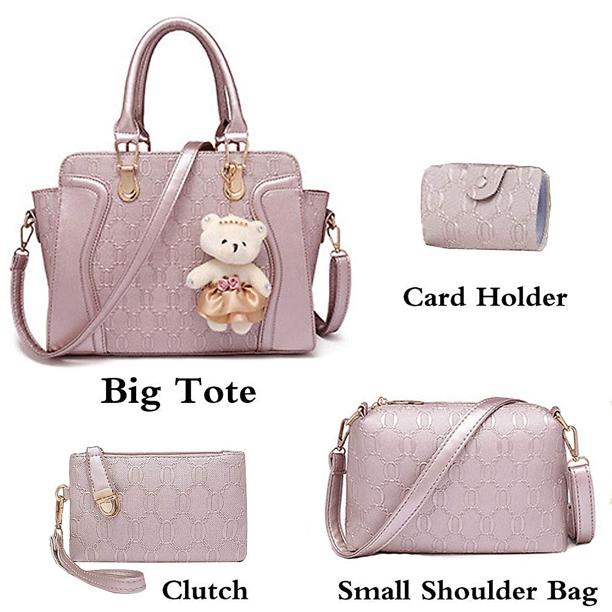 FiveloveTwo Women Ladies 4Pcs Handbag Set Tote Satchel Shoulder Bag PU Top Handle Bag Purse Clutch Card Holder