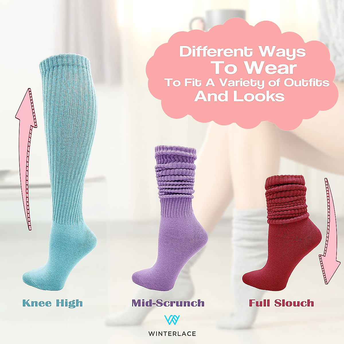 Winterlace 3 Pairs Slouch Socks for Women, Soft Extra Long Scrunch Knee High Sock, Bulk Pack
