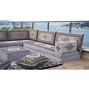 Gray L Shaped Arabic Sofa Set, Floor Couch, Sectional Sofas, Arabic Majlis, Turkish Rug, Couch Covers for 3, Sofa Bed, Poufs (L Sofa Full Set)