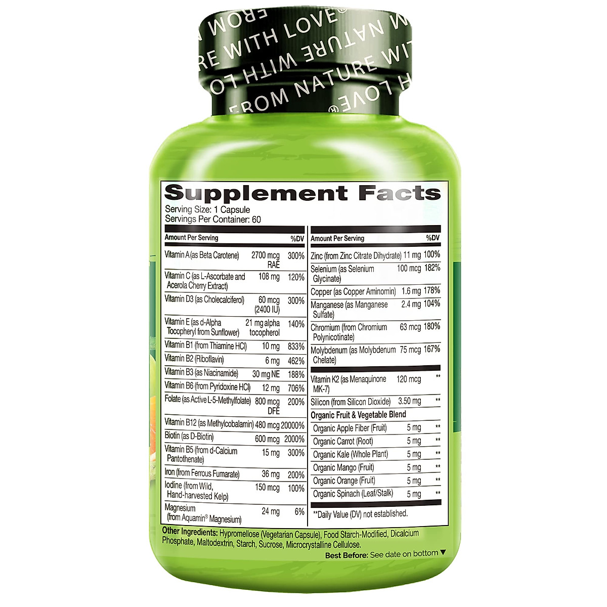 NATURELO Bariatric Multivitamin - One Daily with Iron - Supplement for Post Gastric Bypass Surgery Patients - Natural Whole Food Nutrition - 60 Veggie Capsules