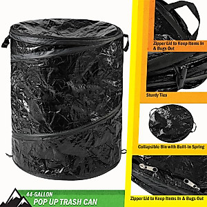 Wakeman Collapsible Trash Can - 44-Gallon Portable Garbage Can Outdoor Bin with Zippered Lid for RV, Camping, Parties, or Yard Waste (Black)