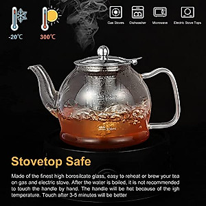 MINO ANT Tea Set – 1200ml Glass Teapot with Removable Stainless Steel Infuser, and 4 Glass Teacups, Stovetop Safe Tea Kettle Gift Set, Blooming and Loose Leaf Tea Maker Set