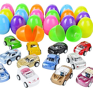 JOYIN Premium 24 Pcs Filled Easter Eggs with Toy Cars, 2.25” Bright Colorful Egg Prefilled with Pull Back Vehicles for Boys Kids Easter Eggs Hunt, Easter Basket Stuffers, Party Favors, Classroom Prize