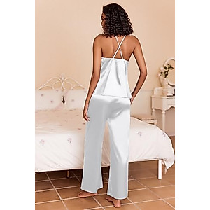 Ekouaer Pajamas for Women Silk Cowl Neck Cami Top Wide Leg Long Pants Set Satin Pjs Sleepwear 2 Piece Lounge Set White,Medium