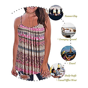 Kaei&Shi Spaghetti Strap Print Long Vest,Flowy Tank Top for Women,Pleated Dressy Loose Cami,Swing Camisole Zigzag Pink Medium