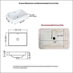 Winzo WZ6174 Rectangular Drop-in Bathroom Sink,Modern Design,Semi-recessed Vessel Basin With Overflow for Vanity Porcelain White