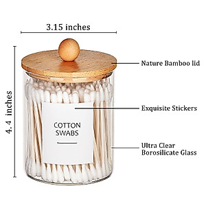 Onsogi Glass Apothecary Jars with Bamboo Lids for Bathroom Organization, Q tip Holder and CottonSwab Ball Holder for Farmhouse Bathroom Decor, Boho Bathroom Decor-2 Pack