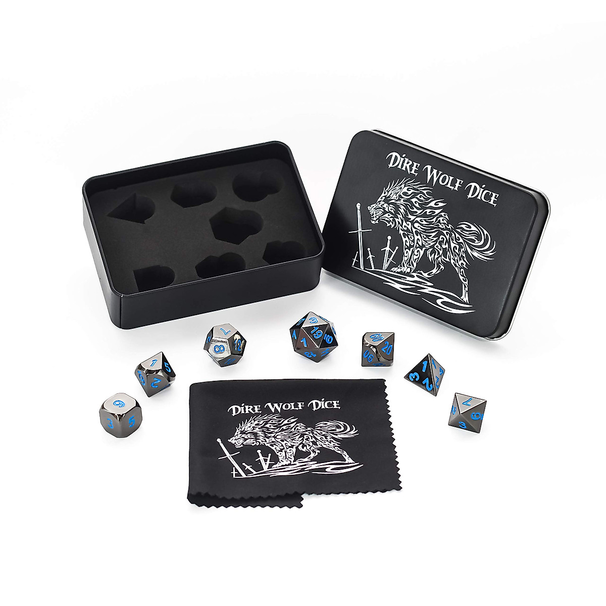 Dice Tin and Polishing Cloth / Dice Mat for Metal Polyhedral DND Dice Set (Dire Wolf), Gift Case for Role Playing RPG Like Dungeons and Dragons D&D, Pathfinder, Magic The Gathering MTG Games Sets