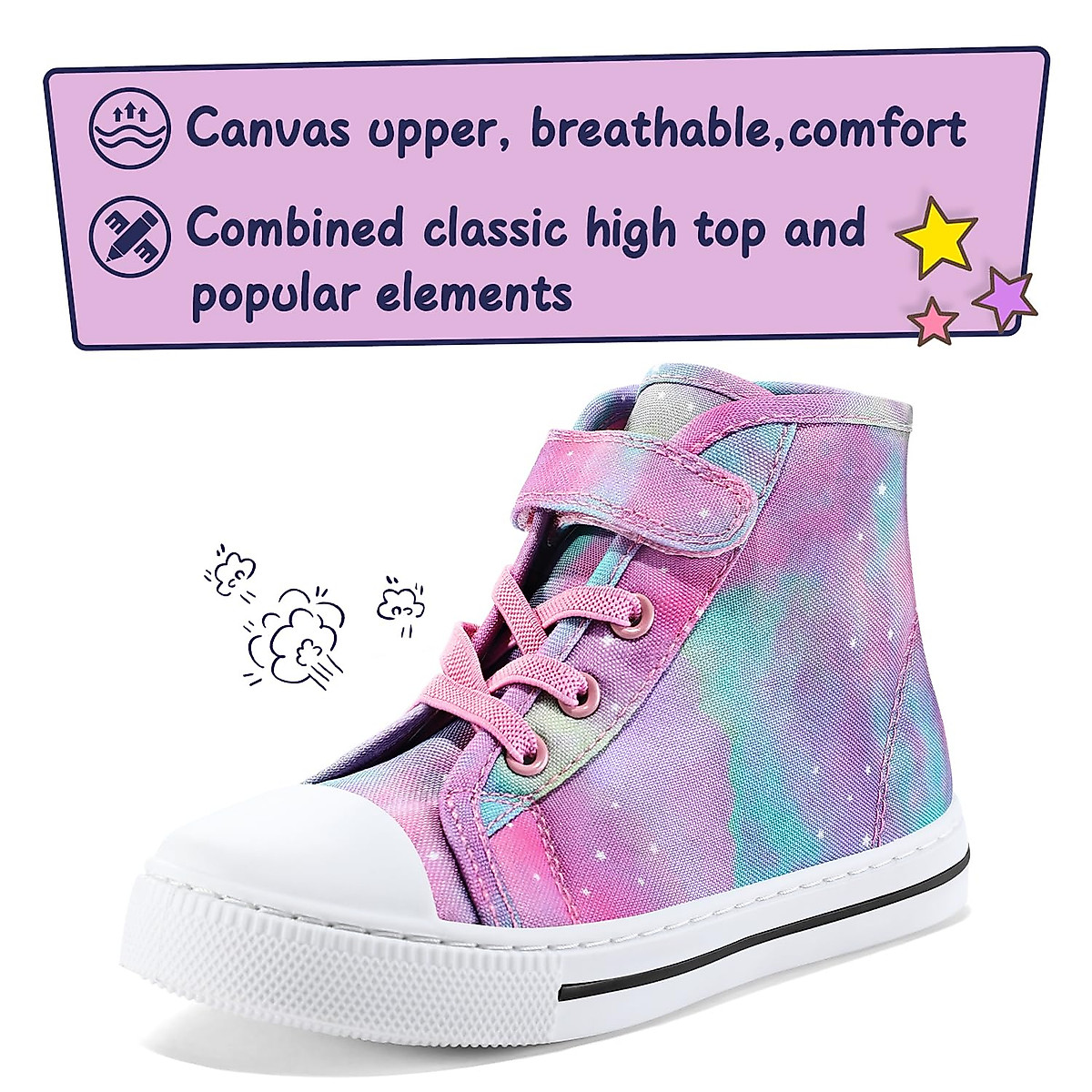 K KomForme Toddler Sneakers Girls Canvas High Top Walking Shoes with Hook and Loops Colorful