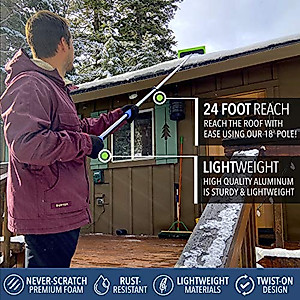 EVERSPROUT Never-Scratch SnowBuster 6.5-to-18 Foot (Up to 24 ft Standing Reach) | Pre-Assembled Extendable Roof Rake for Snow Removal | Lightweight Aluminum, Soft Foam Pad | Exclusive Push/Pull Design