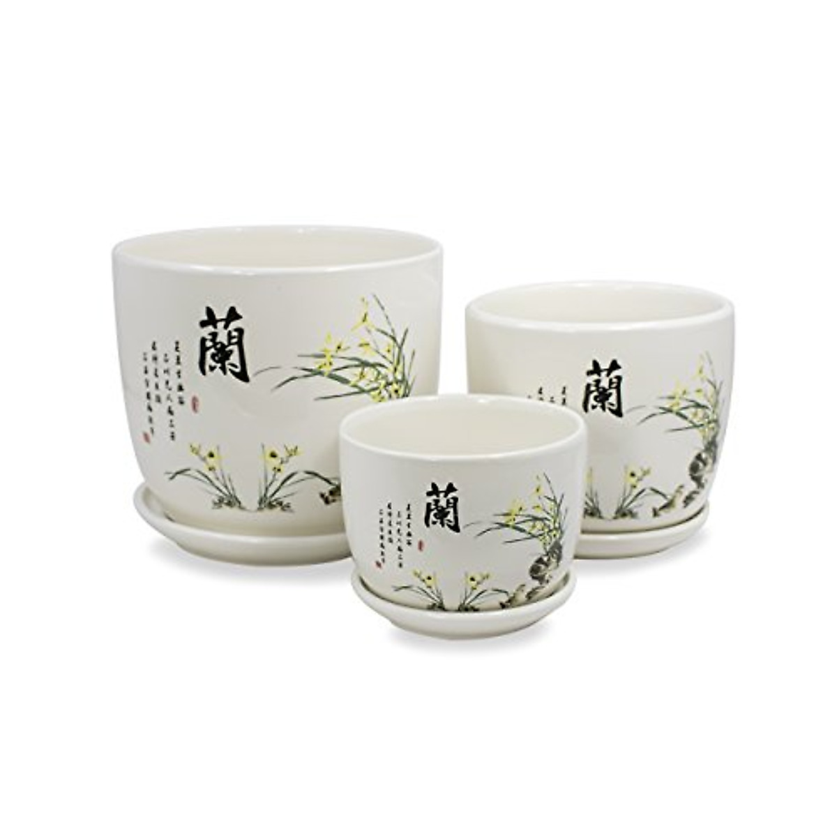 Dahlia Set of 3 Hand Painted Ceramic Planter/Plant Pot/Flower Pot w. Attached Saucer, Orchid