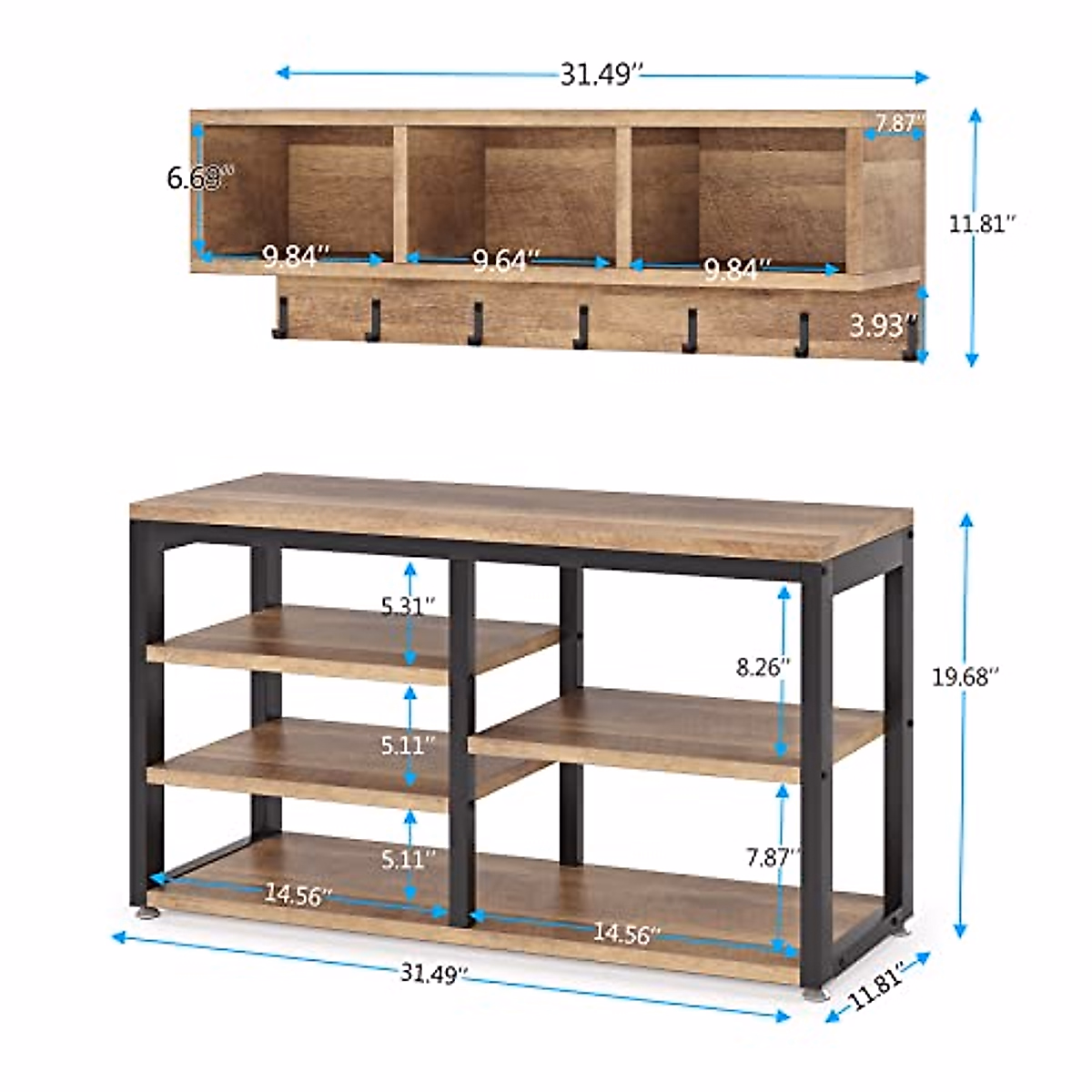 Tribesigns Coat Rack Shoe Bench Set, Hall Tree with Shoe Bench, Industrial Shoe Rack Bench with Coat Rack, 3 Storage Cubbies, 7 Hooks for Entryway, Hallway, 5-in-1Design, Vintage Oak