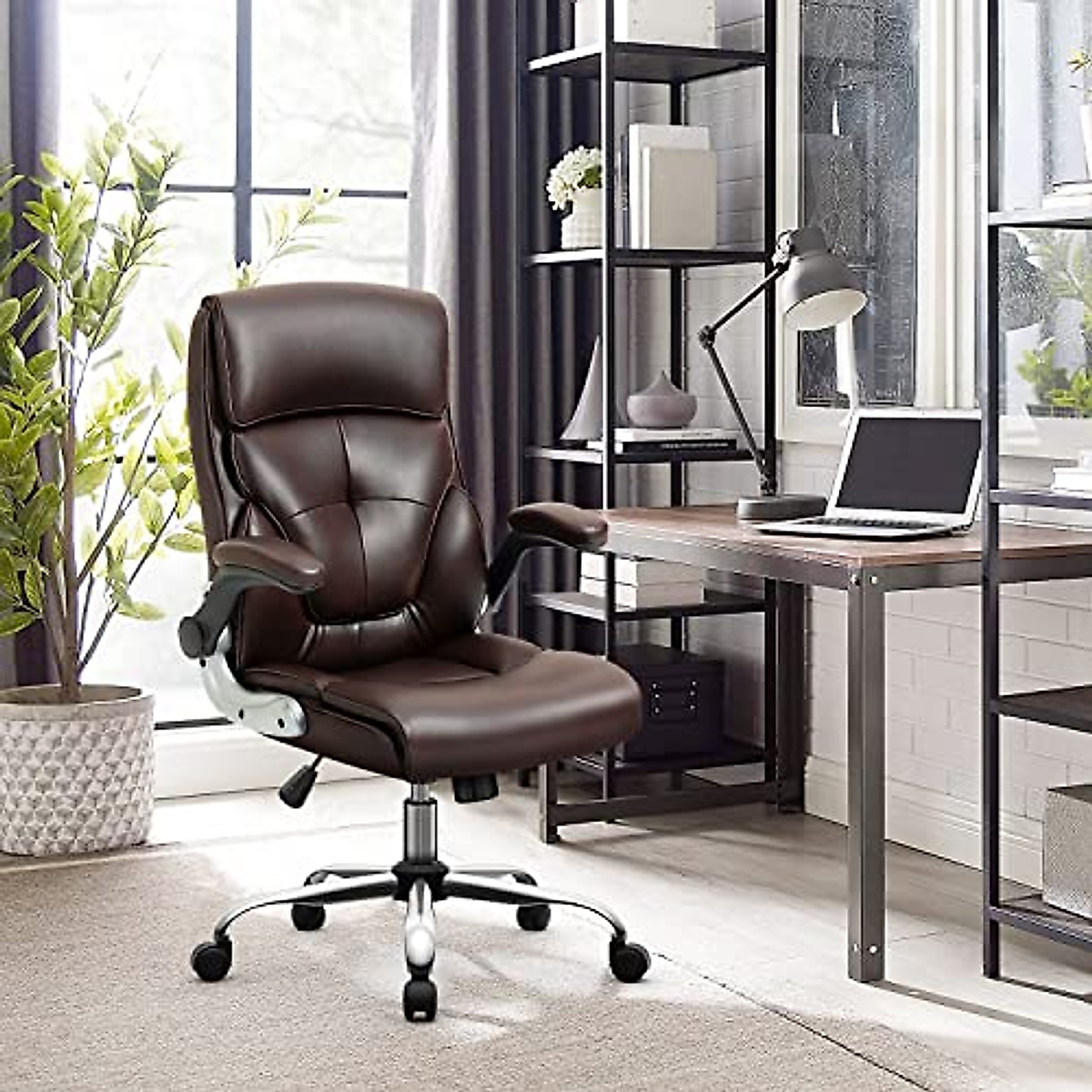 YAMASORO Executive Office Chair,Ergonomic Chair with Lumbar Support,Comfortable Computer Desk Chairs Flip up Arms and Wheels Swivel Task Chair, Brown