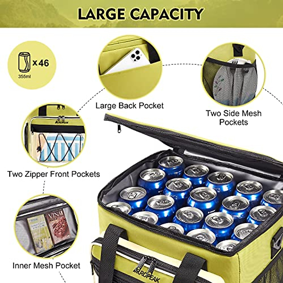 AUROPEAK Cooler Bag 46 Cans Insulated Soft Sided Cooler Collapsible Portable Lunch Cooler Leakproof Cooler Bag for Beach, Picnic, Work, Trip, Travel, Camping, BBQ