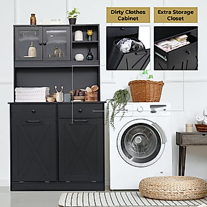 Arlopu Dual Tilt Out Trash&Storage Cabinet, Kitchen Sideboard Cupboard W/Pet Proof 10X2 Gal Hidden Garbage Holder, Freestand Laundry Sort Cabinet, W/Drawer, Shelves,Barn Door (Black)