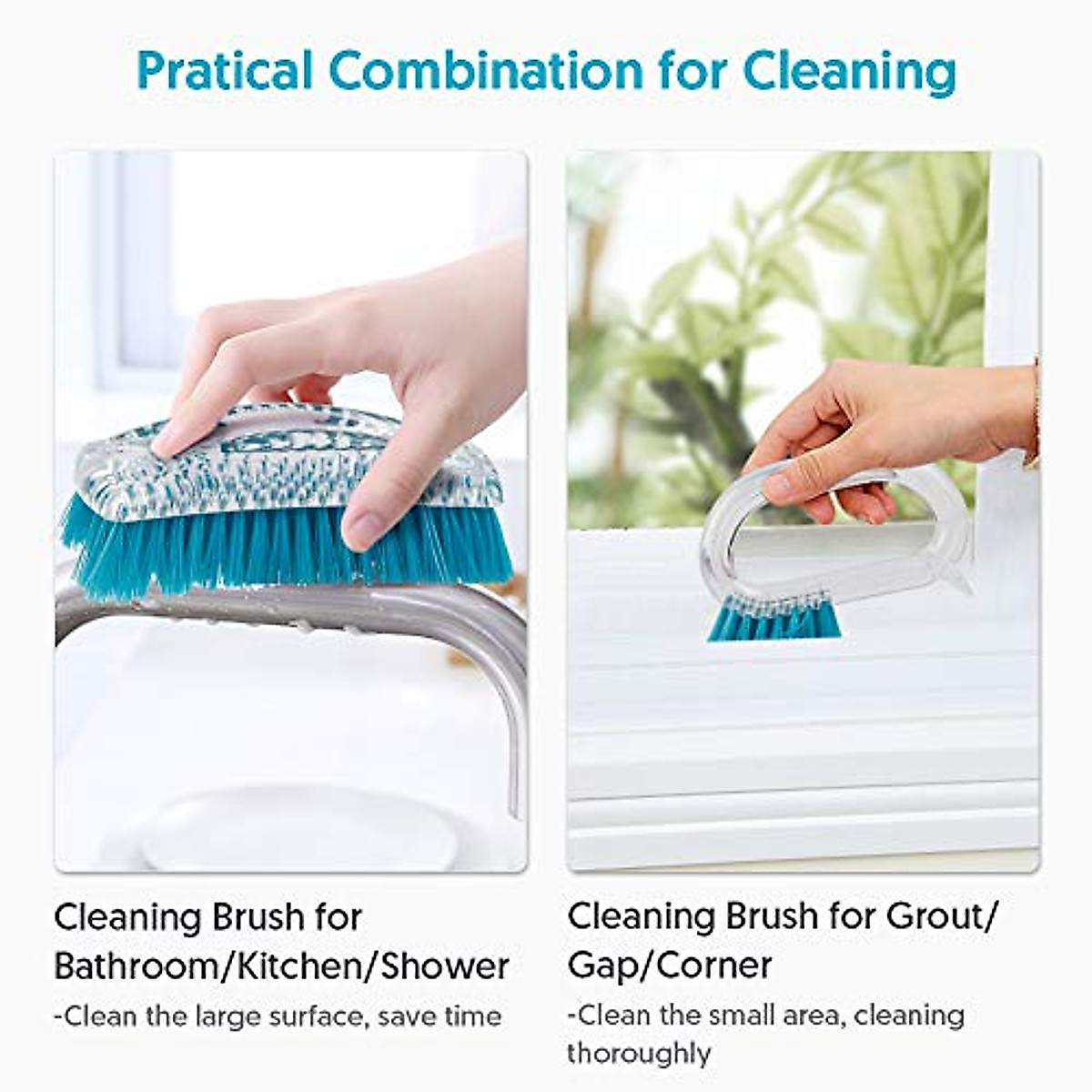 Scrub Brush Set for Cleaning, TINA&TONY Cleaning Brush Shower Scrubber Brush Kitchen Scrub Brush Stiff Bristles Grout Cleaning Brush for Tile Floor Bathroom Bathtub Carpet Sink, Transparent, 2PCS