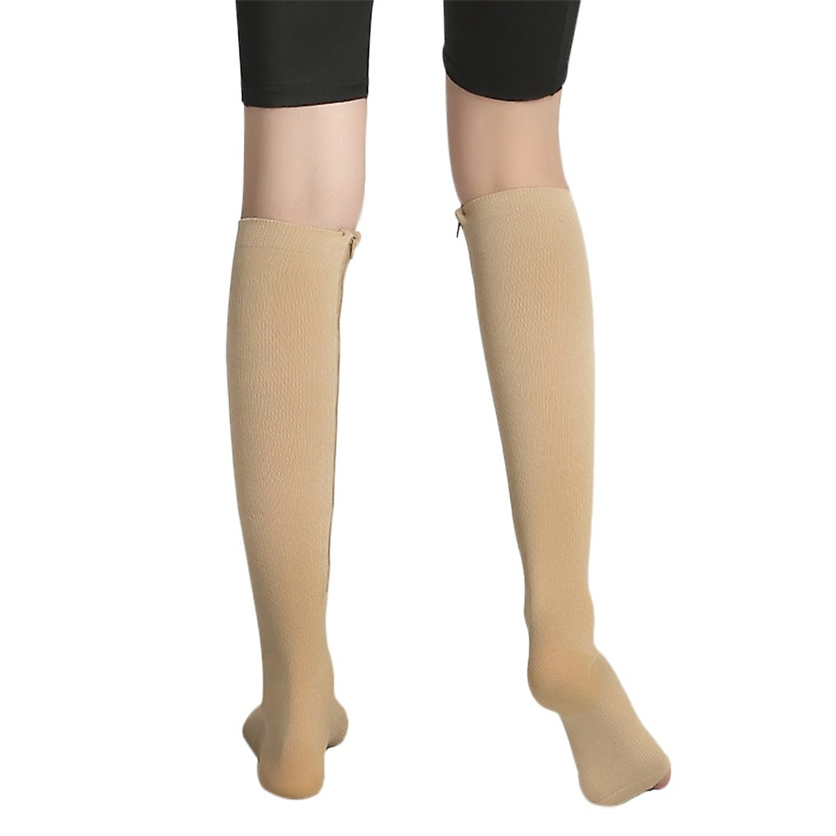 Open Toe Compression Sock, Support Zipper Stocking for Varicose Veins Edema Swollen Sore Legs, Help Circulation Pain Relief Anti Fatigue, Dance Workout Running Yoga Pilates Sleeve Socks Beige