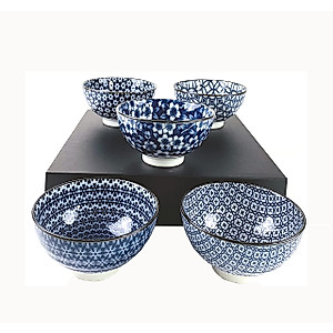 JapanBargain 4686, Japanese Porcelain Rice Bowls Gift Set, Traditional Japanese Inspired Pattern Miso Soup Bowls, Blue Color Salad, Set of 5, Made in Japan