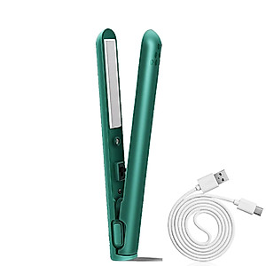 2 in 1 Hair Straightener and Curler, Mini Hair Curler USB Ceramics Cordless Heating Straightening Curling Flat Iron (Green)