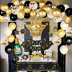 Black and Gold Birthday Party Decorations, Black Gold Balloon Garland Arch Kit with Happy Birthday Backdrop Hanging Swirls Foil Balloons for Men Women Birthday Party Decorations Supplies