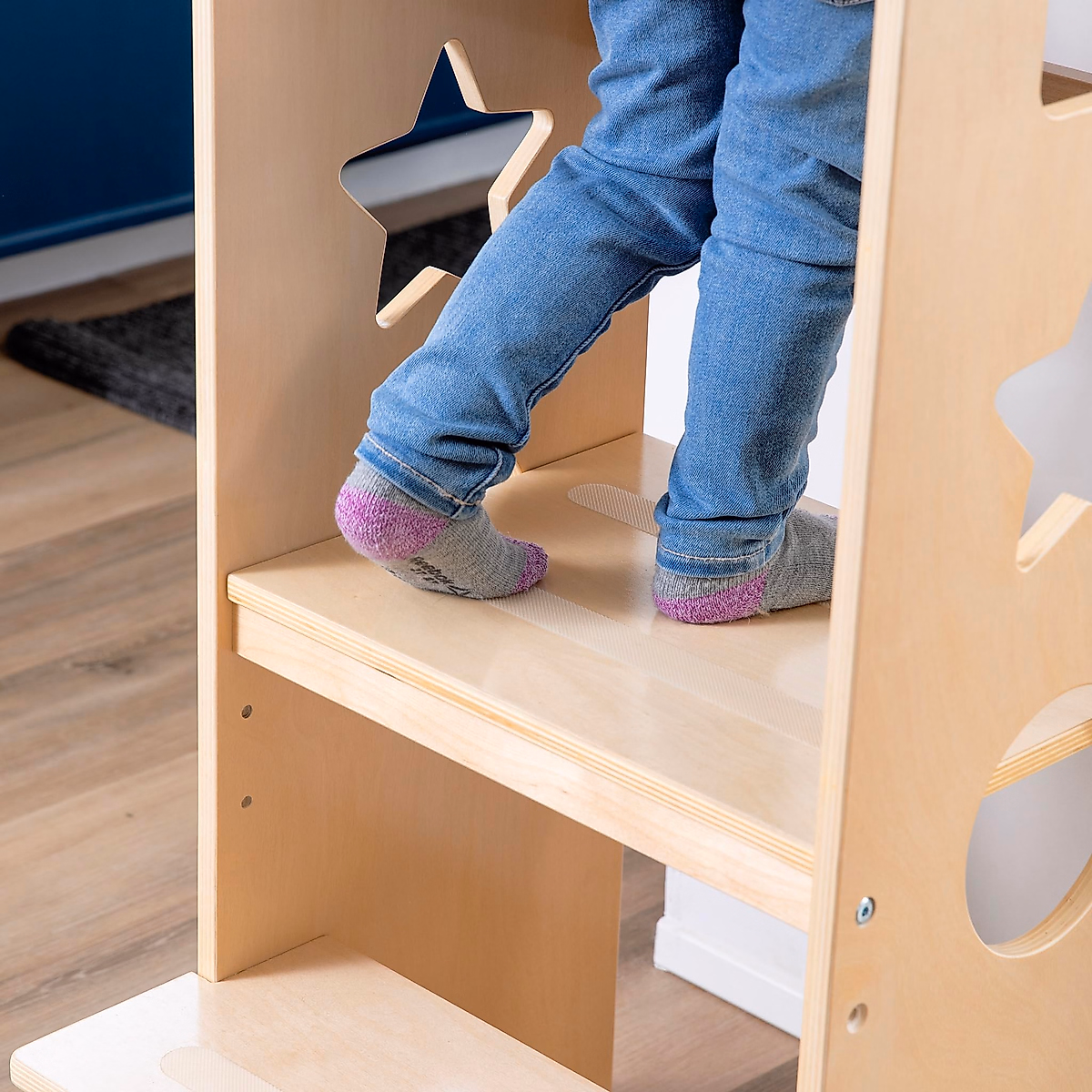 Guidecraft Jr. Classic Kitchen Helper Step-Up - Natural: Montessori Toddler Tower for Kids | Adjustable Height Wooden Learning Step Stool for Bathroom and Cooking