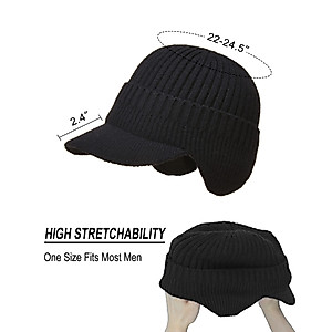 Koreshion Men's Winter Visor Beanie Hat with Earflaps Knit Baseball Cap with Brim Ski Hat Warm Fleece Lined Hunting Hat Black
