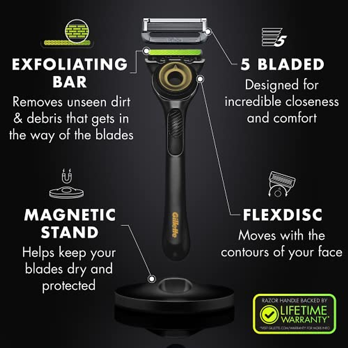 Gillette Razor for Men with Exfoliating Bar Gold Edition by GilletteLabs, Includes 1 Handle, 3 Razor Blade Refills, 1 Travel Case, 1 Premium Magnetic Stand