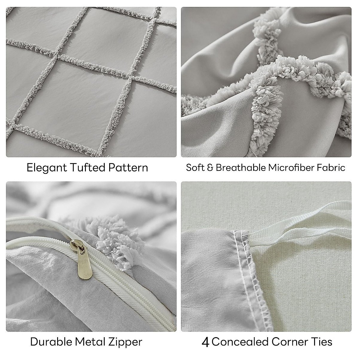 MetersGod Boho Duvet Cover Queen, Gray Tufted Duvet Cover Queen Size for All Seasons, 3 Pieces Soft Shabby Chic Embroidery Boho Bedding Duvet Cover with Zipper (Queen, 90"x 90")