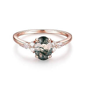 ITI KUOLOLIT Natural Moss Agate Ring Sterling SilverWedding Engagement Ring Green Agate Promise Wedding Rings for Women 6*8 Oval (Moss agate Rose, 6)